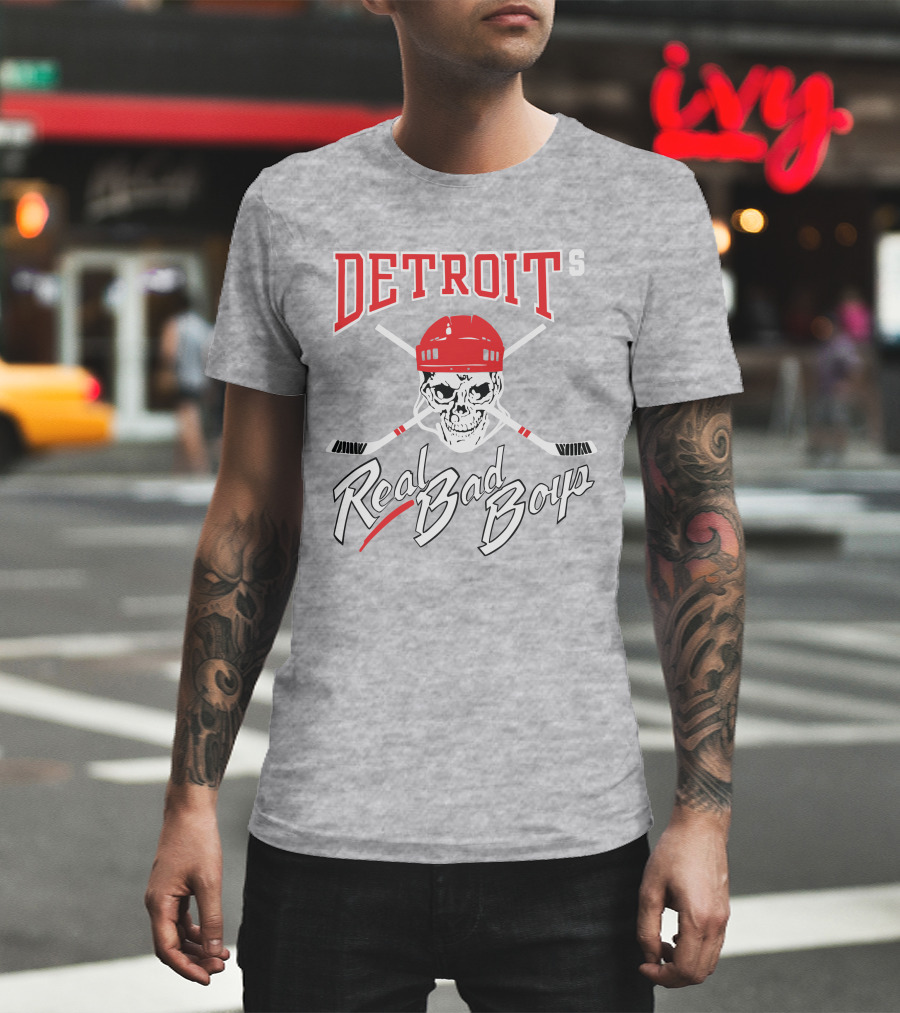Detroit Real Bad Boys Skull With Hockey Helmet And Crossed Sticks T-Shirt