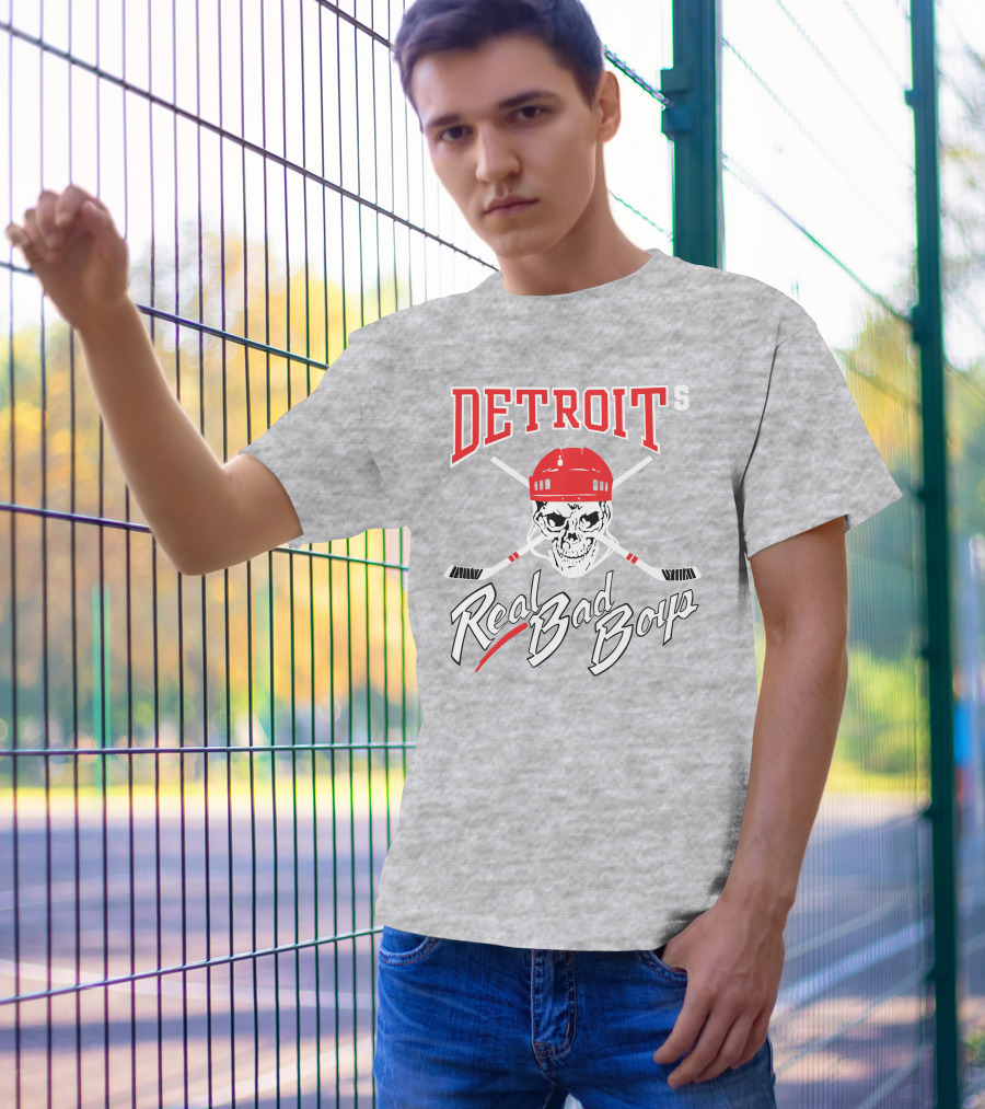 Detroit Real Bad Boys Skull With Hockey Helmet And Crossed Sticks T-Shirt