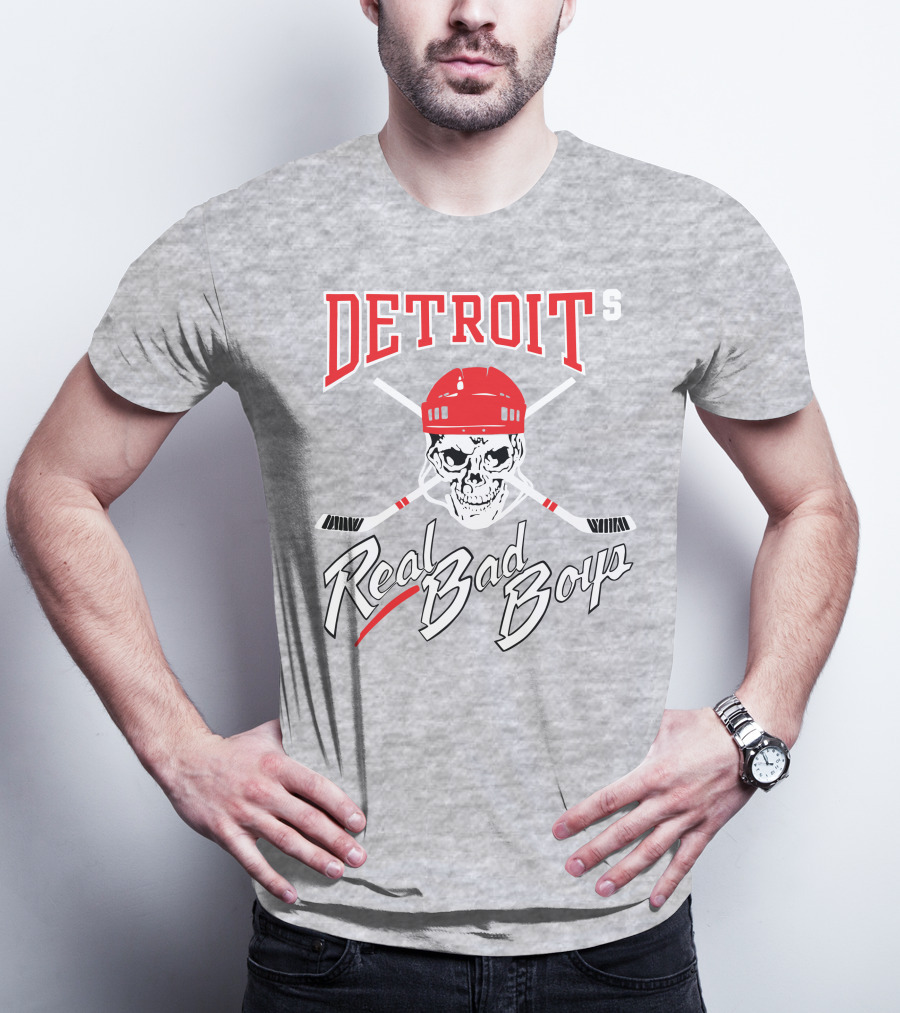 Detroit Real Bad Boys Skull With Hockey Helmet And Crossed Sticks T-Shirt