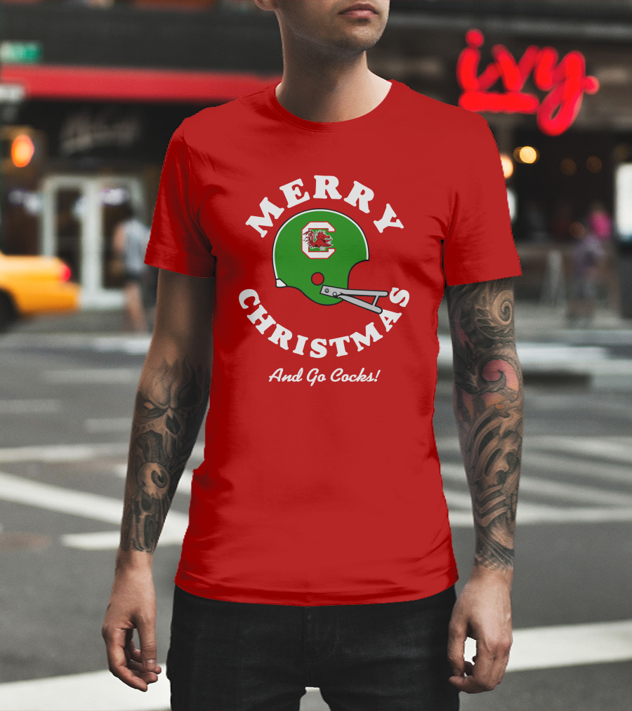 Merry Christmas And Go Cocks Football Helmet T-Shirt