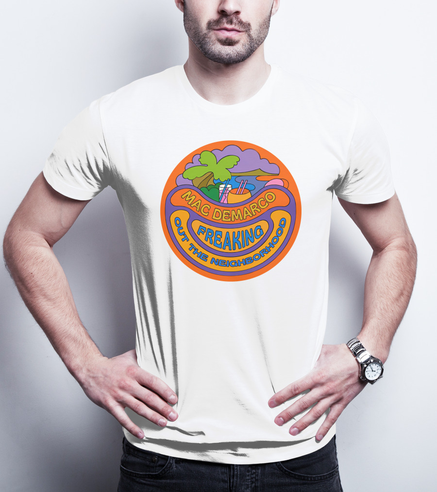 Mac Demarco Freaking Out The Neighborhood Colorful Retro Design With Beach And Palm Tree Elements T-Shirt