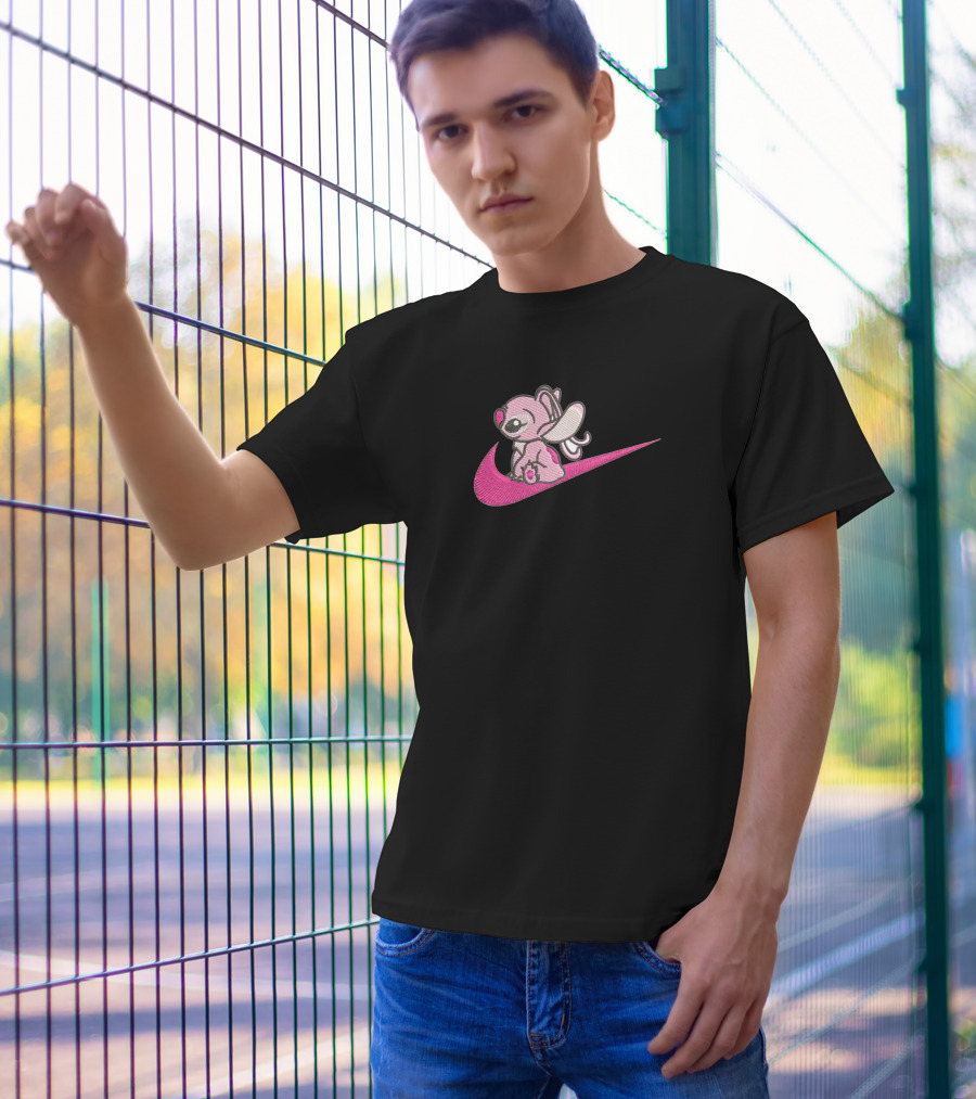 Stitch 2 Pink Sitting On Swoosh T-Shirt