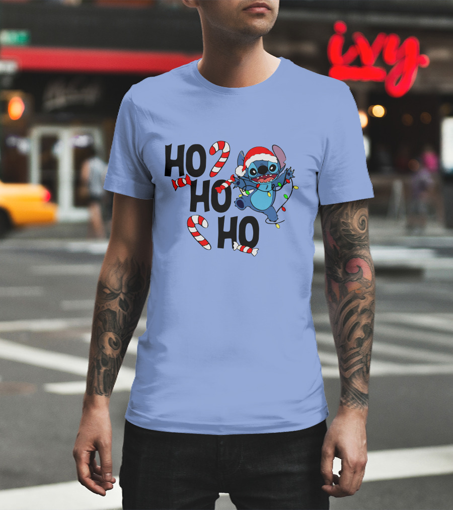 Stitch Ho Ho Ho Christmas Lights And Candy Canes T-Shirt
