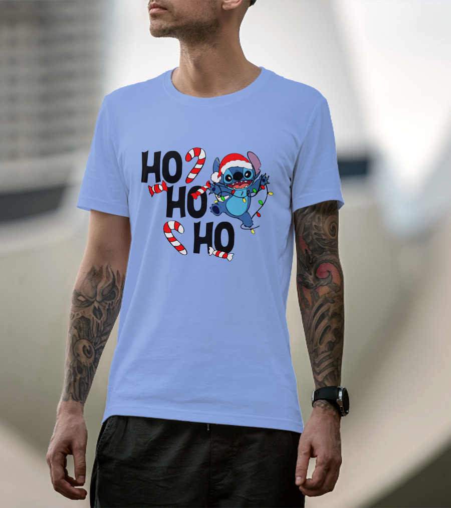 Stitch Ho Ho Ho Christmas Lights And Candy Canes T-Shirt