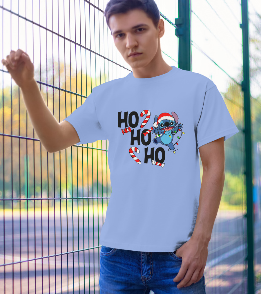 Stitch Ho Ho Ho Christmas Lights And Candy Canes T-Shirt