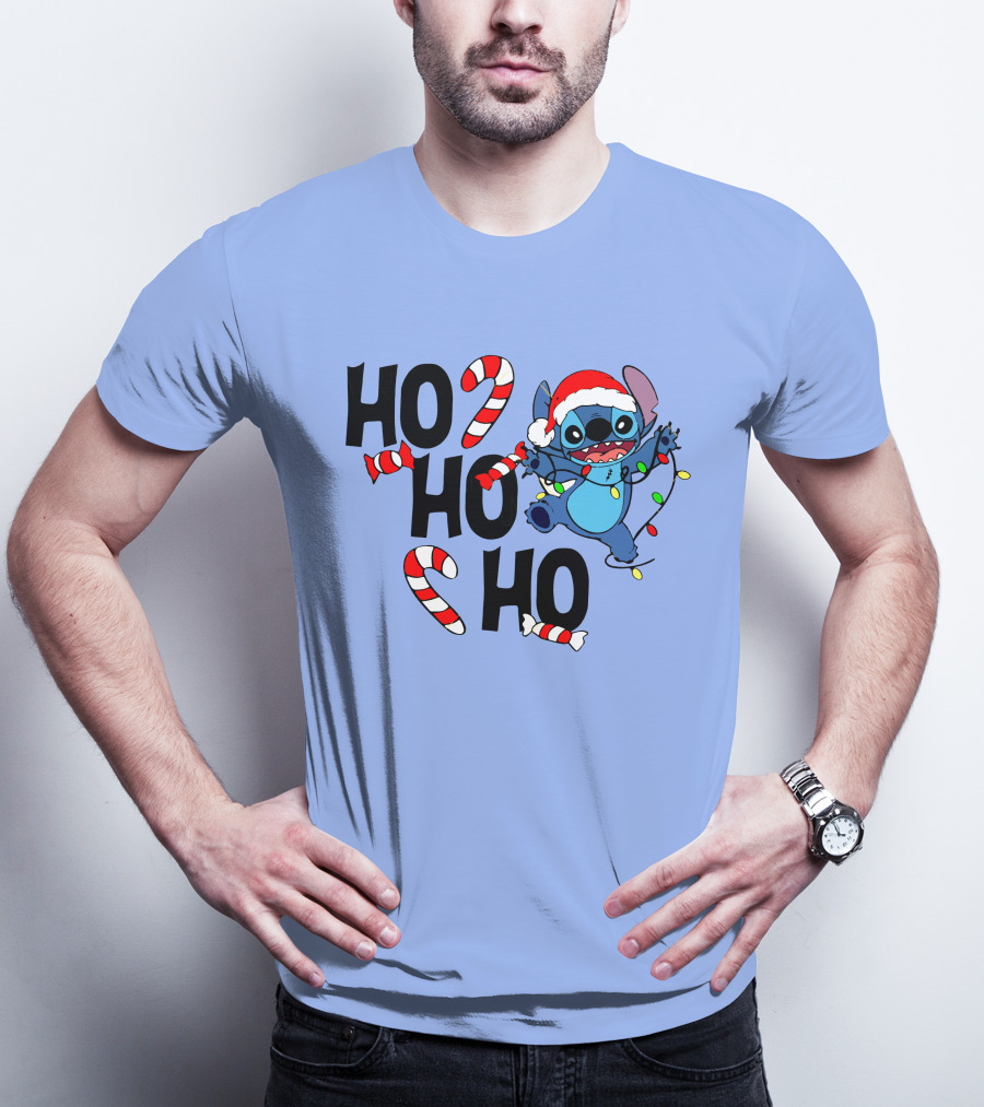 Stitch Ho Ho Ho Christmas Lights And Candy Canes T-Shirt