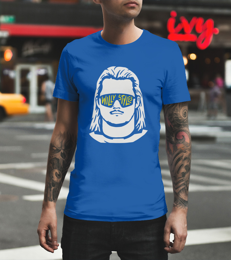 Willy Styles Sunglasses Graphic Blue Background T-Shirt