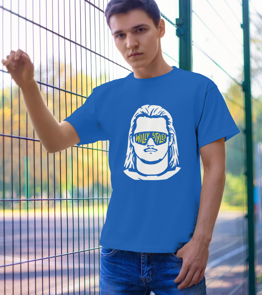 Willy Styles Sunglasses Graphic Blue Background T-Shirt