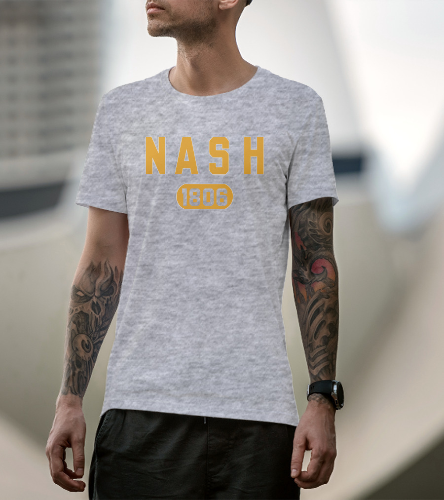 Nash 1806 Retro Varsity Style Yellow Text On Gray Background T-Shirt