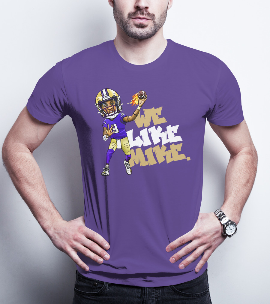 We Like Mike Football Character In Purple And Gold Gear Holding Flaming Ball T-Shirt