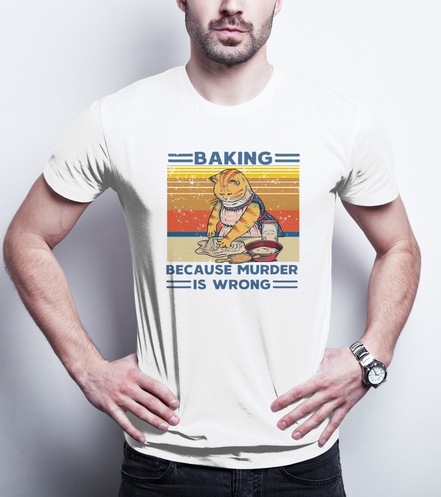Baking Because Murder Is Wrong Cat Retro Style Nigel Simmonds T-Shirt
