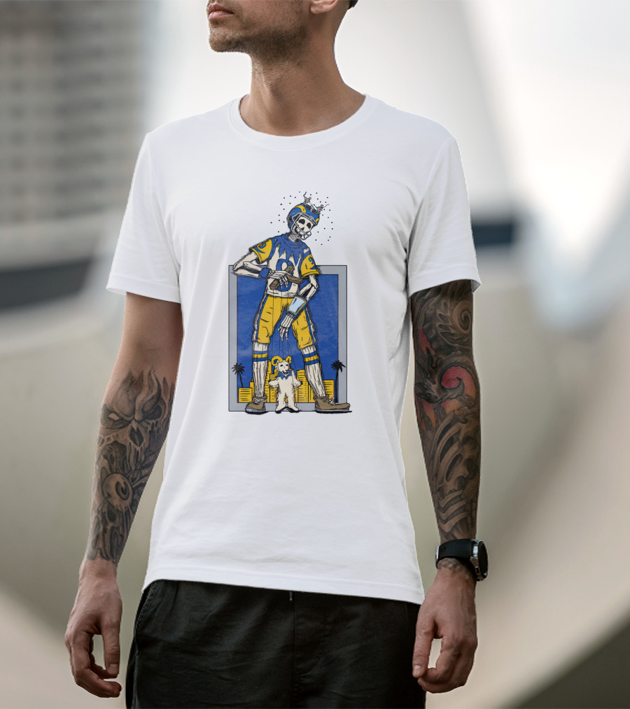 LA Skeleton Football Player Blue Gold Dog Helmet Cityscape T-Shirt