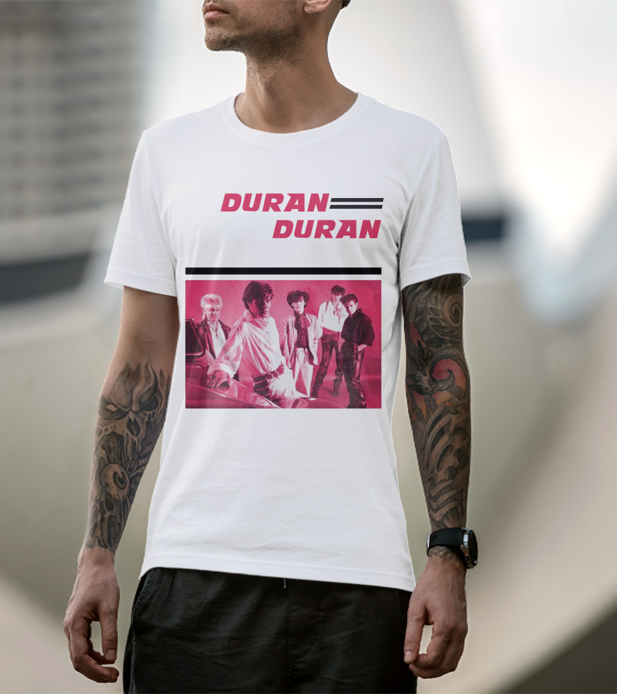 Duran Duran Band Photo With Stylized Logo And Pink Tone T-Shirt