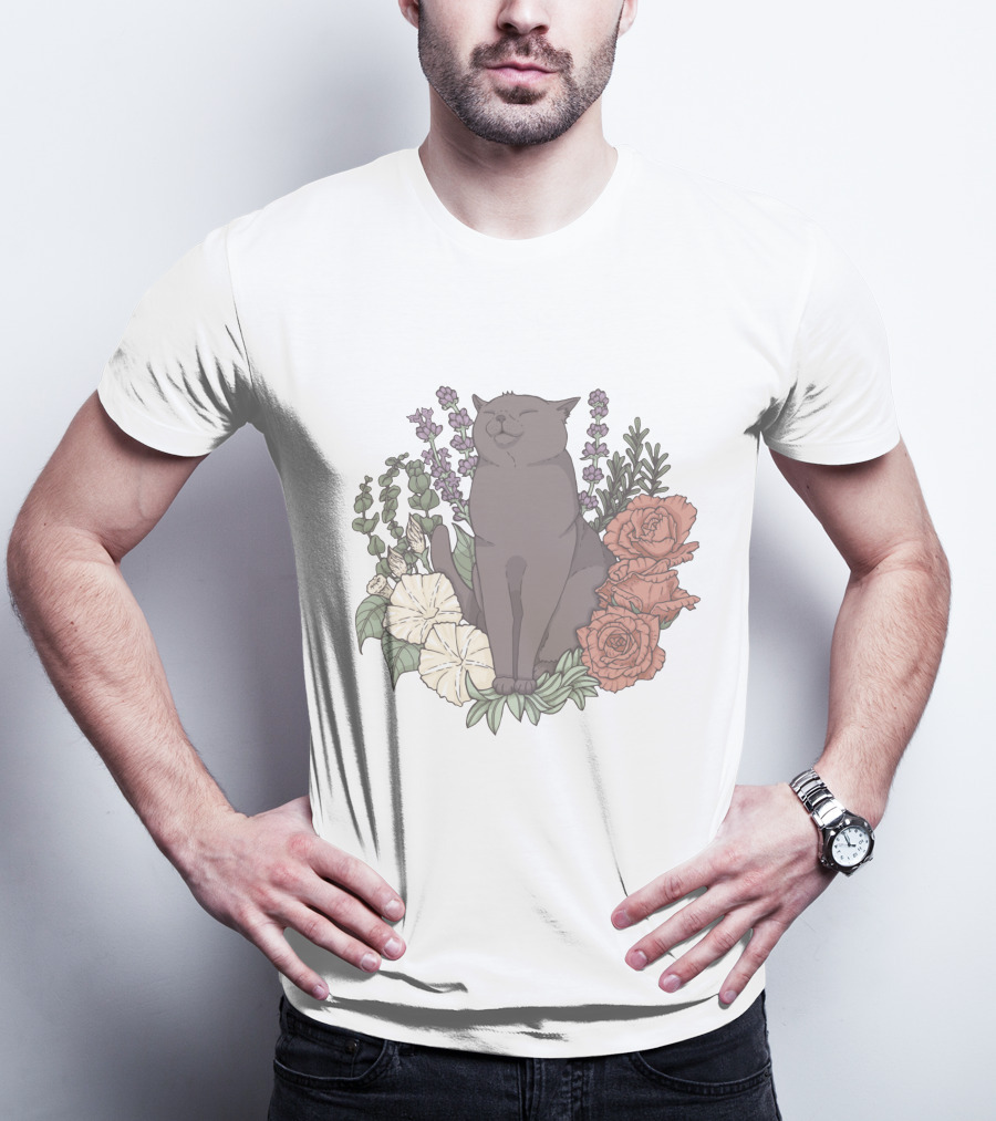 Blissful Cat Surrounded By Autumn Floral Breeze T-Shirt