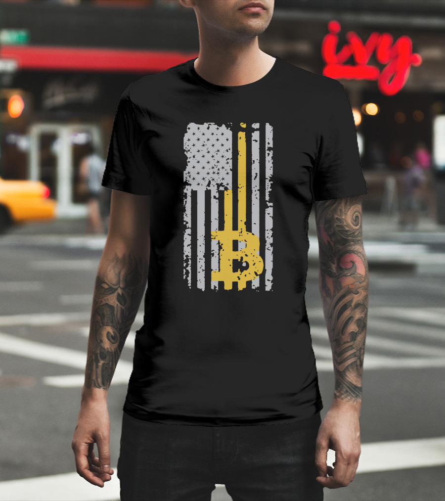 Bitcoin Logo On Distressed American Flag Background T-Shirt
