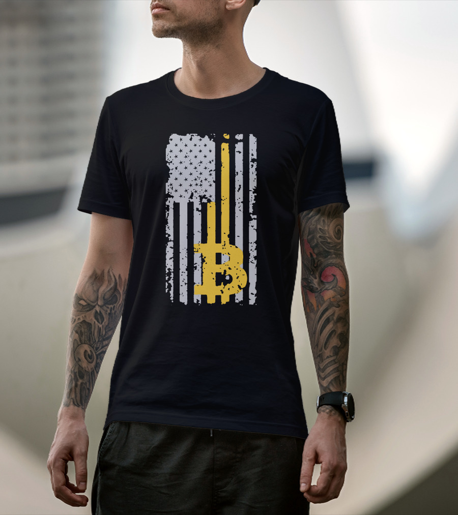 Bitcoin Logo On Distressed American Flag Background T-Shirt
