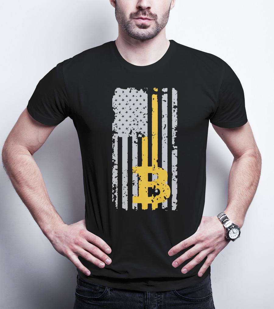 Bitcoin Logo On Distressed American Flag Background T-Shirt
