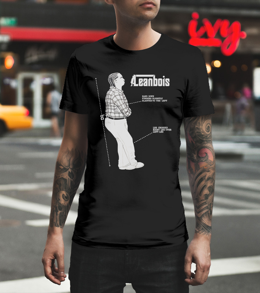 Leanbois Hand Down Fingers Slanted To The Left With Leg Crossed Right Over Left T-Shirt