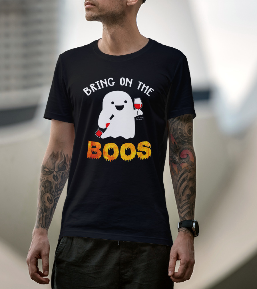 Bring On The Boos Funny Wine Ghost Holding Bottle And Glass Of Red Wine T-Shirt