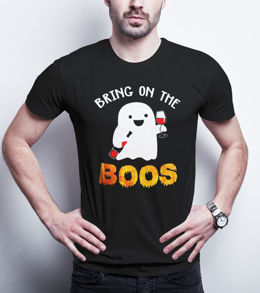 Bring On The Boos Funny Wine Ghost Holding Bottle And Glass Of Red Wine T-Shirt