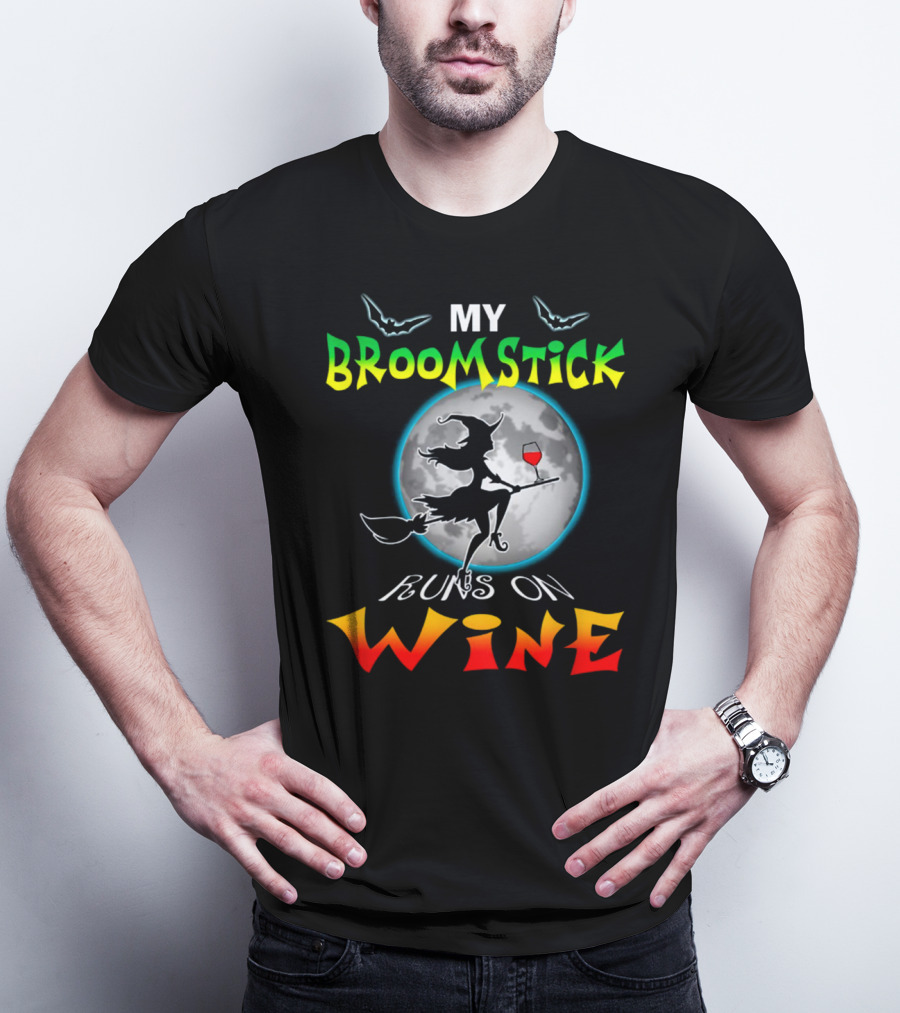 My Broomstick Runs On Wine Halloween Wine Lover Moon And Witch T-Shirt
