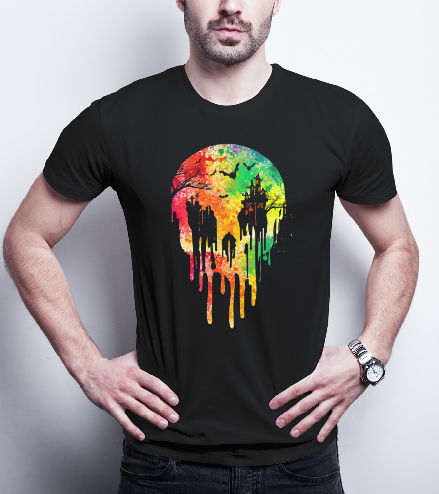 Melting Skull Colorful Night With Haunted Trees And Bats T-Shirt