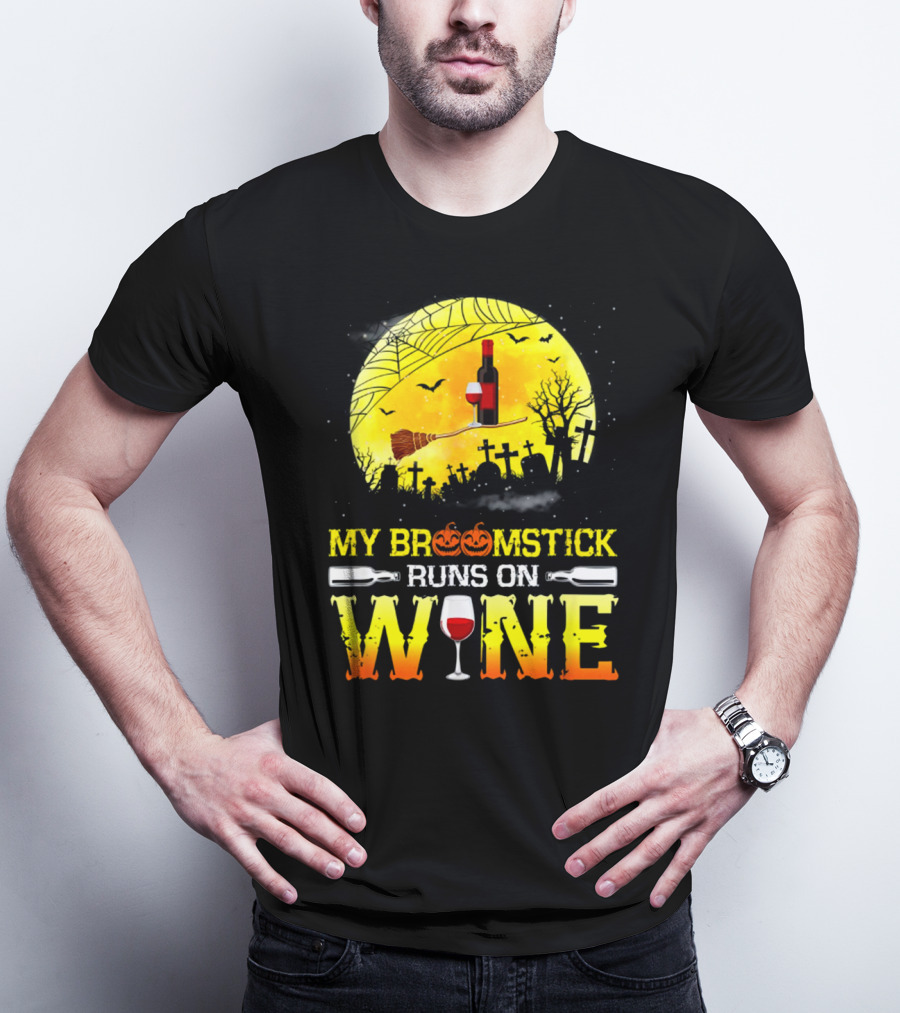 My Broomstick Runs On Wine Halloween Moon Pumpkins Graveyard Scene T-Shirt