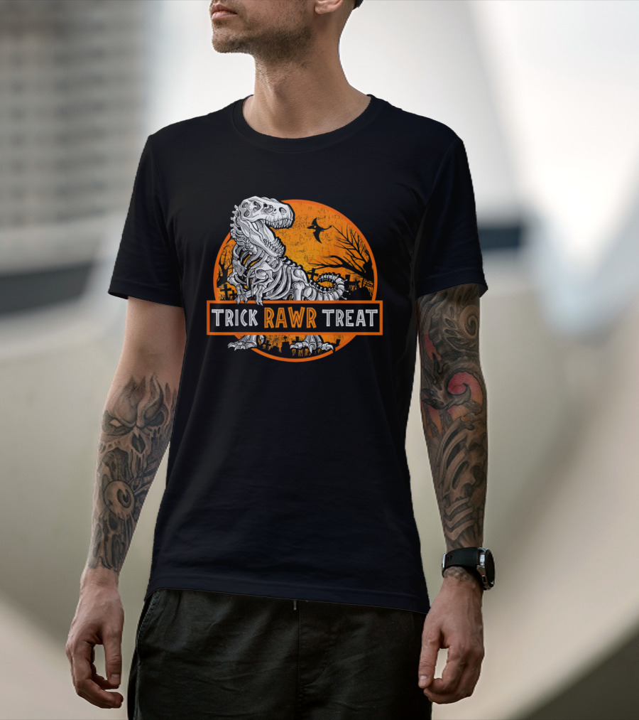 Trick Rawr Treat Halloween Skeleton T-Rex With Spooky Orange Background T-Shirt