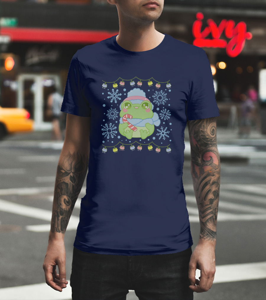 Merry Frogmas Cute Winter Frog With Candy Cane And Snowflakes T-Shirt