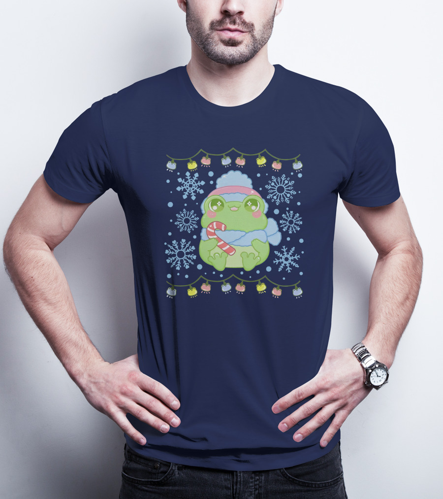 Merry Frogmas Cute Winter Frog With Candy Cane And Snowflakes T-Shirt