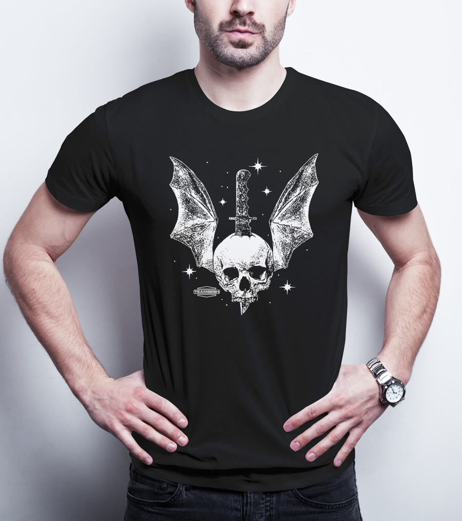 Teamsesh Skull With Bat Wings And Knife Starry Background T-Shirt