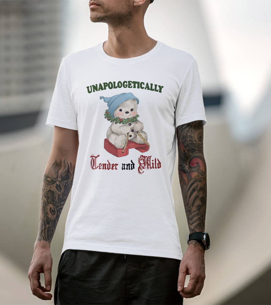 Unapologetically Tender And Mild Snowman With Blue Hat And Holly Garland T-Shirt