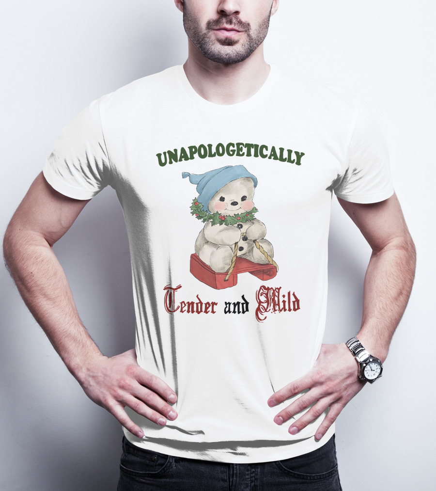 Unapologetically Tender And Mild Snowman With Blue Hat And Holly Garland T-Shirt