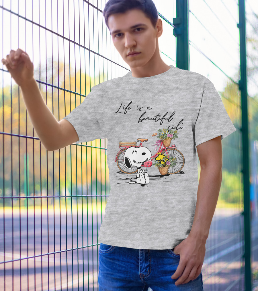 Life Is A Beautiful Ride With Snoopy And Woodstock On Floral Bicycle T-Shirt