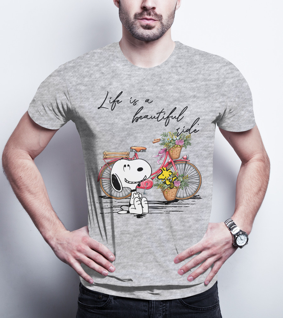Life Is A Beautiful Ride With Snoopy And Woodstock On Floral Bicycle T-Shirt