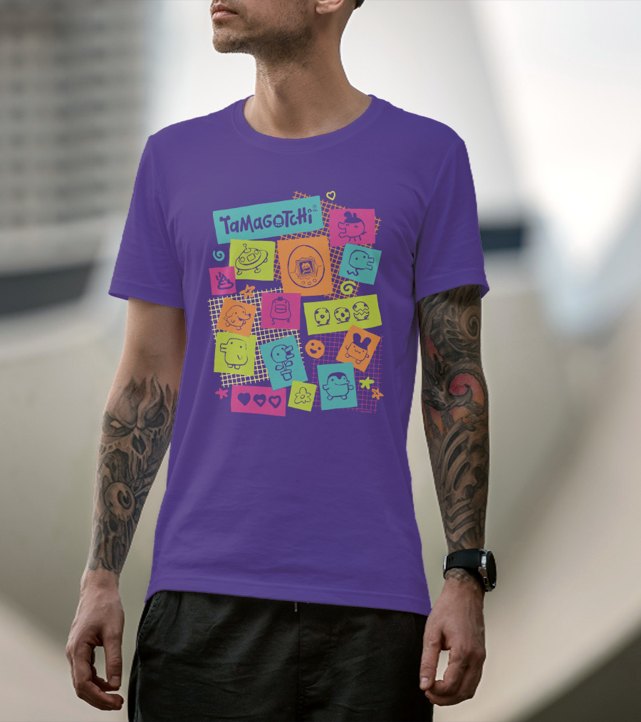 Tamagotchi Neon Character Collage With Hearts And Stars T-Shirt