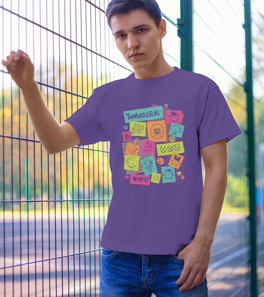 Tamagotchi Neon Character Collage With Hearts And Stars T-Shirt