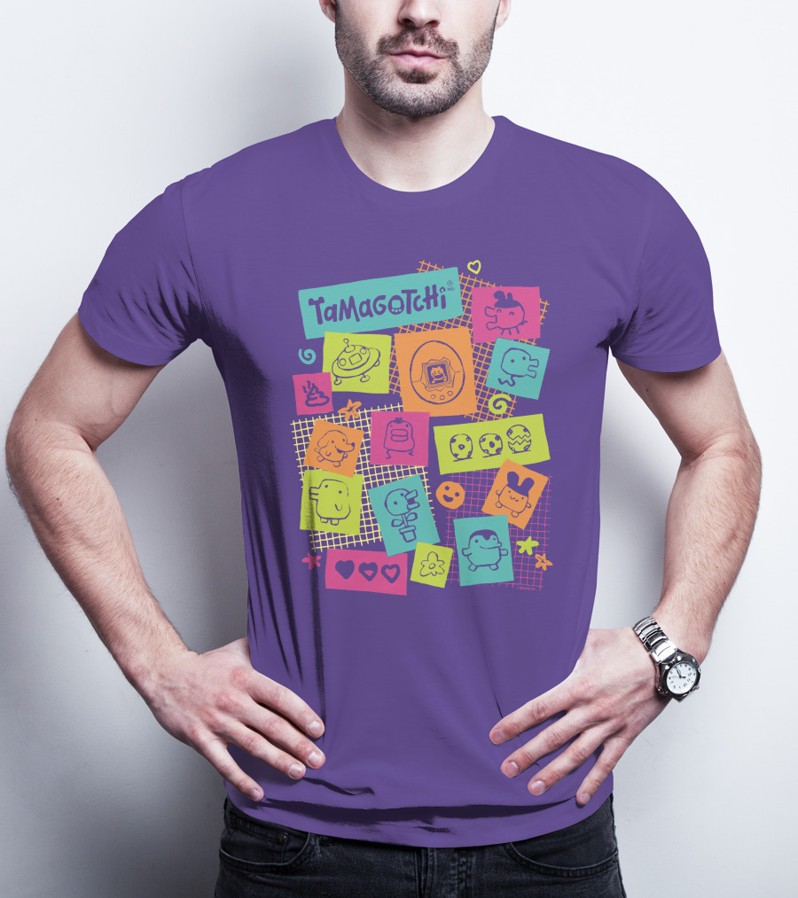 Tamagotchi Neon Character Collage With Hearts And Stars T-Shirt
