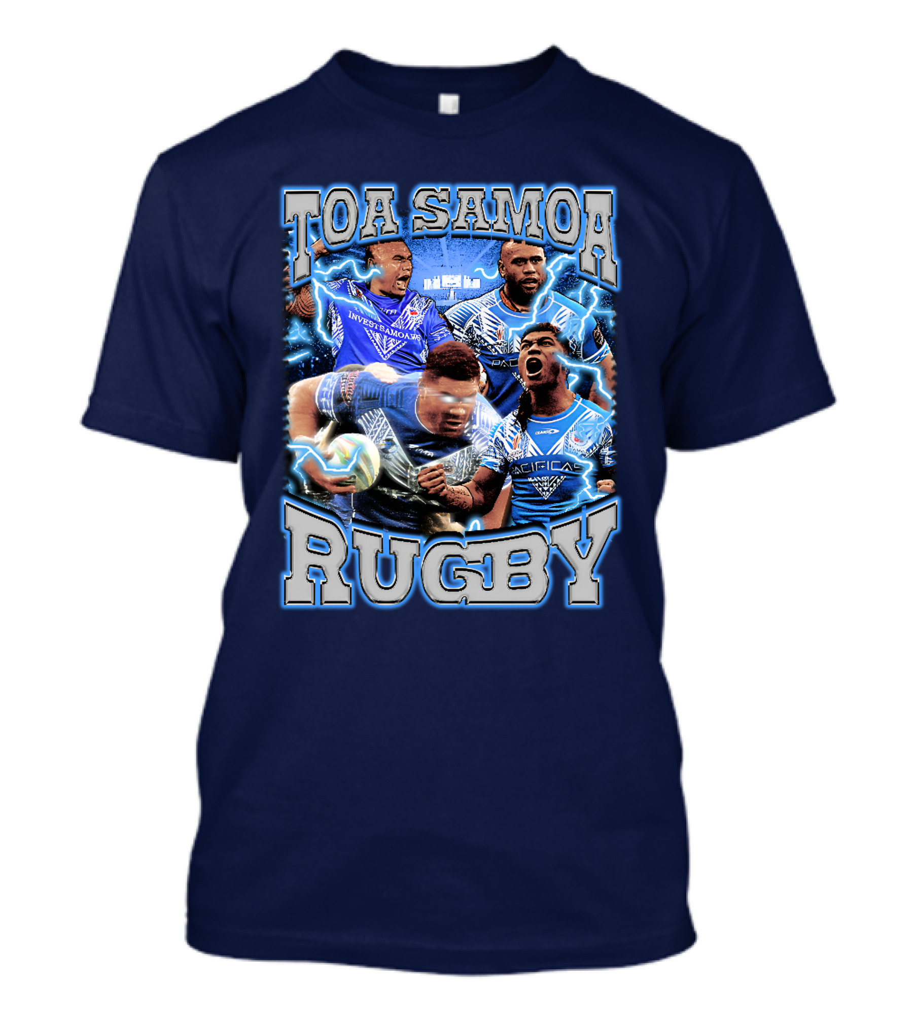 Toa Samoa Rugby Blue Jersey Action Lightning Background T-Shirt