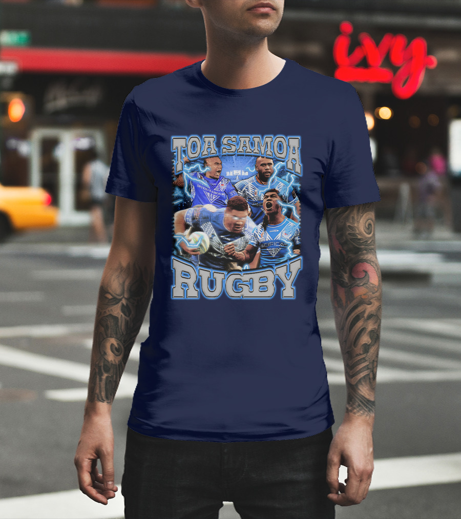 Toa Samoa Rugby Blue Jersey Action Lightning Background T-Shirt