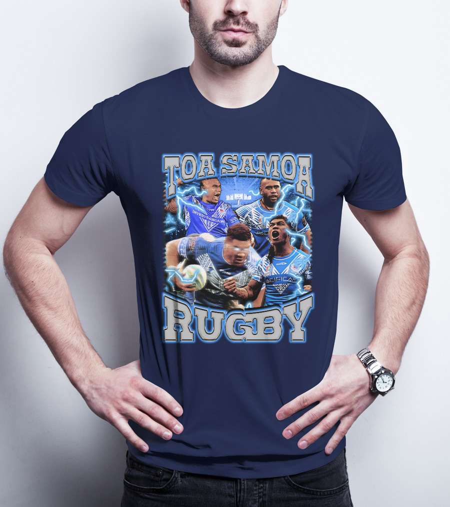 Toa Samoa Rugby Blue Jersey Action Lightning Background T-Shirt