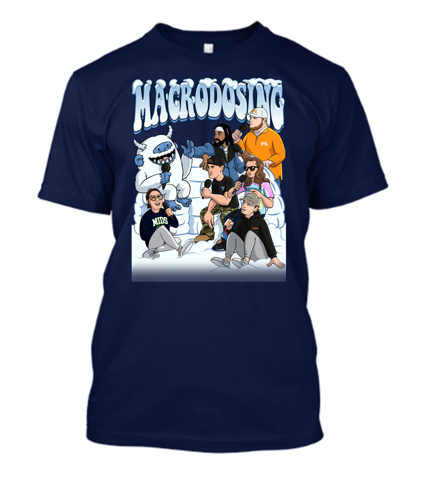 Macrodosing Yeti Podcast Group In Ice Fortress Scene With Microphones And Laughter T-Shirt