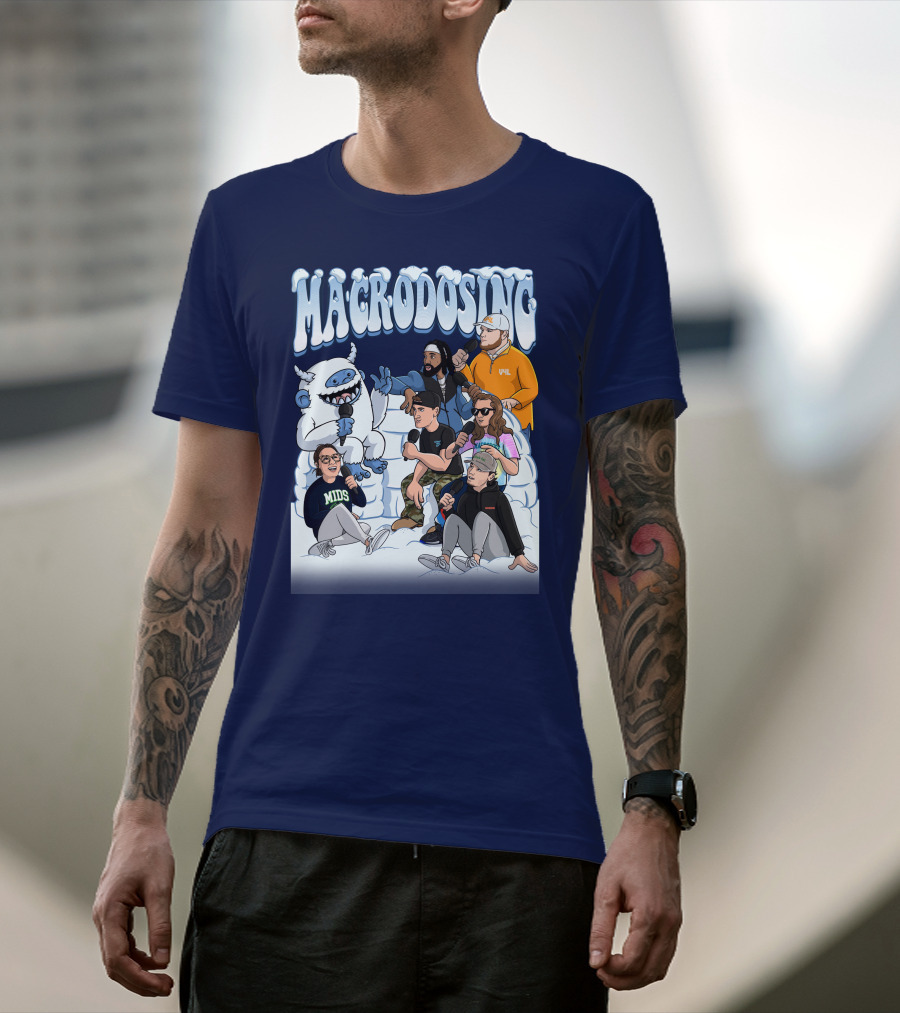 Macrodosing Yeti Podcast Group In Ice Fortress Scene With Microphones And Laughter T-Shirt