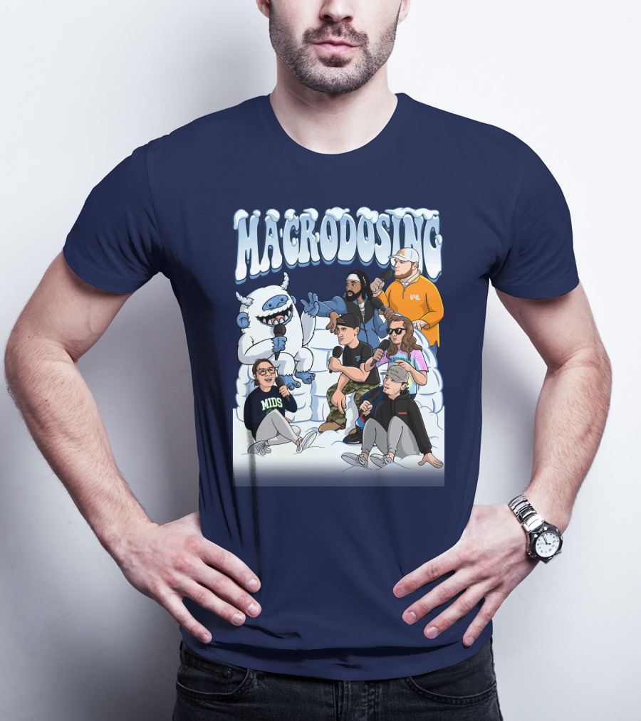 Macrodosing Yeti Podcast Group In Ice Fortress Scene With Microphones And Laughter T-Shirt