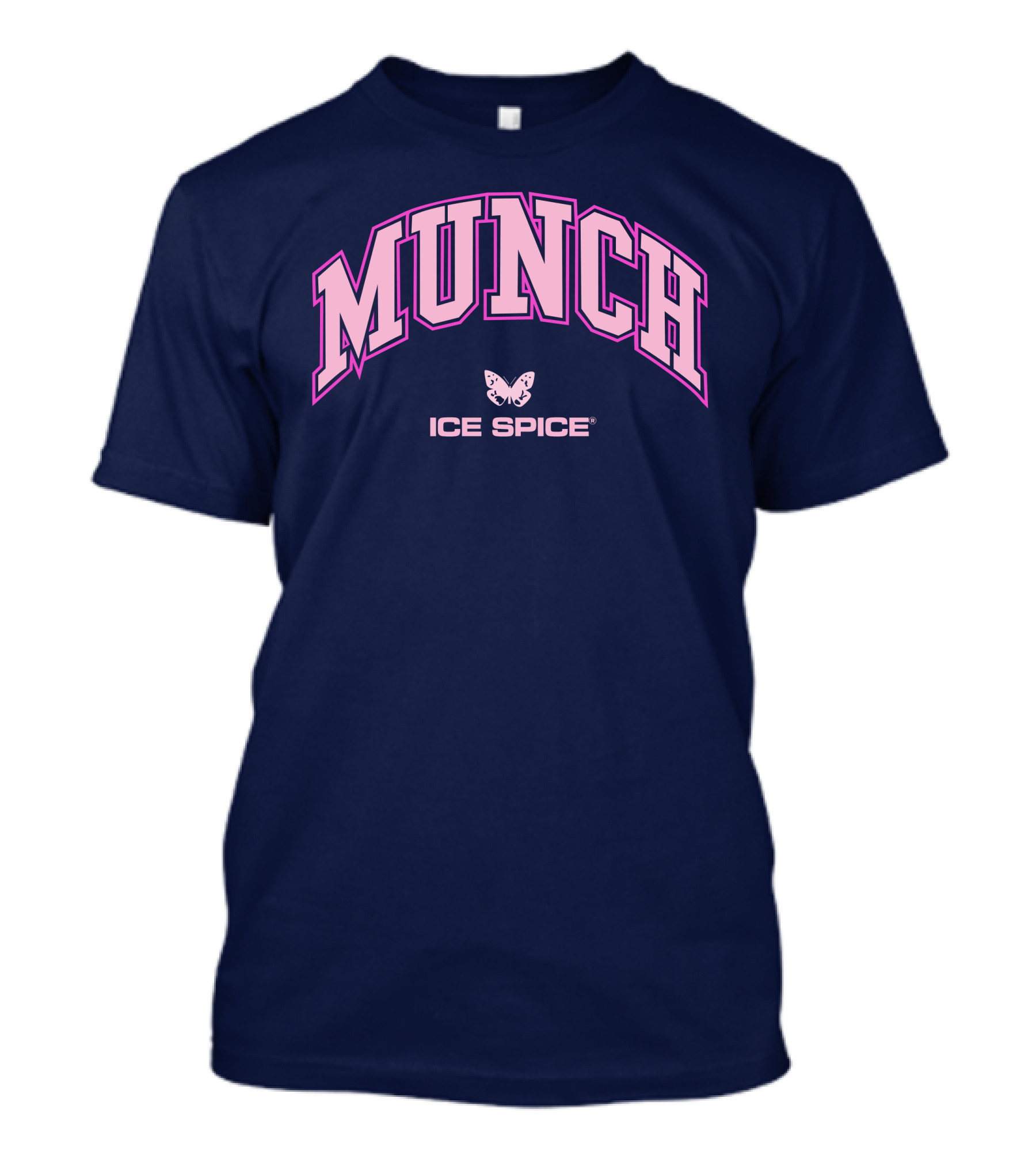 Munch Butterfly Ice Spice Pink Lettering Dark Blue Background T-Shirt