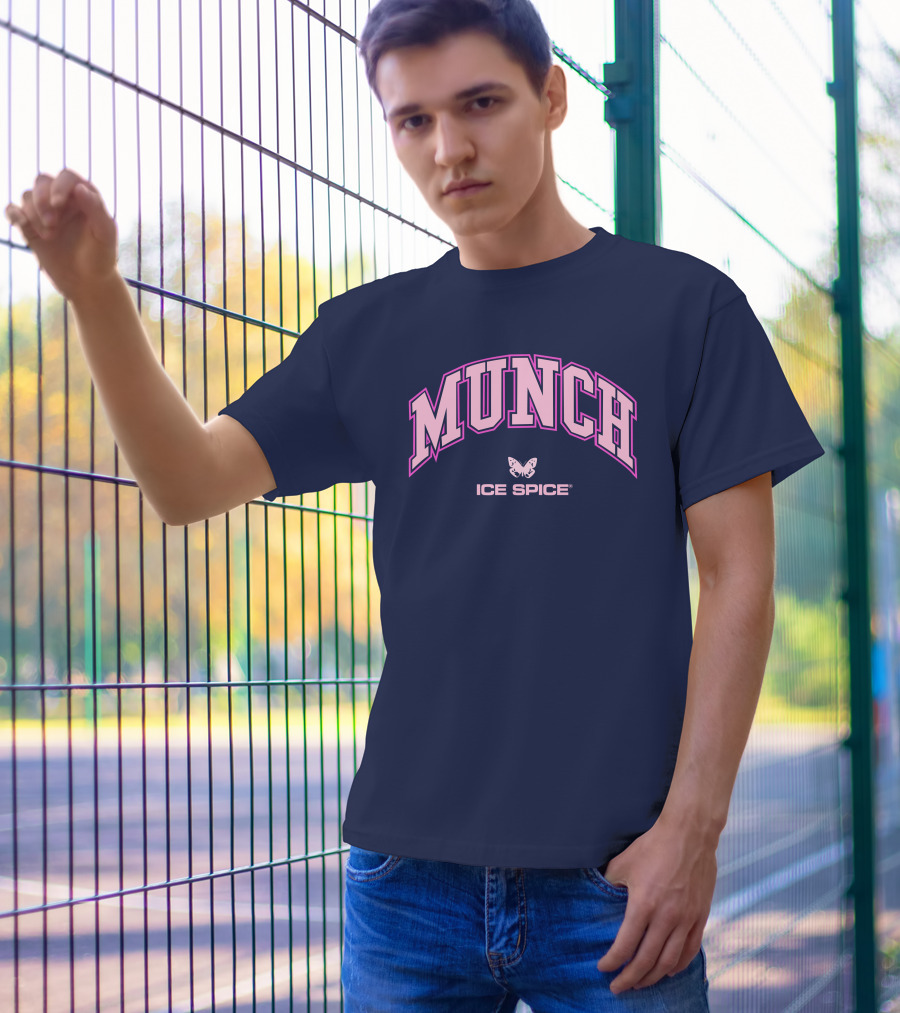 Munch Butterfly Ice Spice Pink Lettering Dark Blue Background T-Shirt