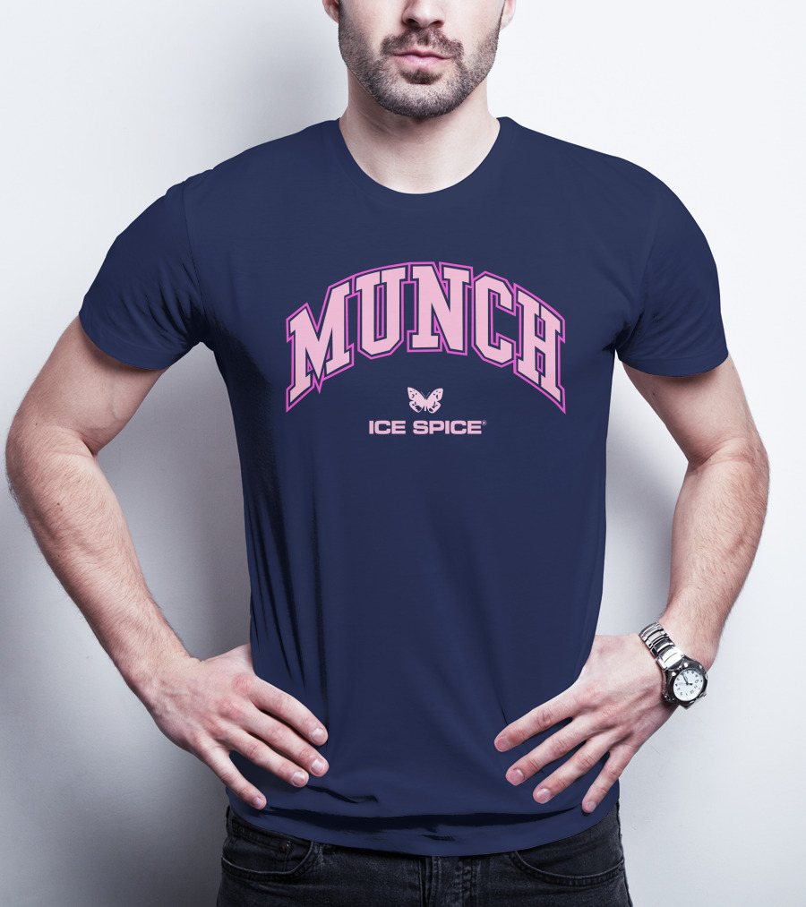 Munch Butterfly Ice Spice Pink Lettering Dark Blue Background T-Shirt