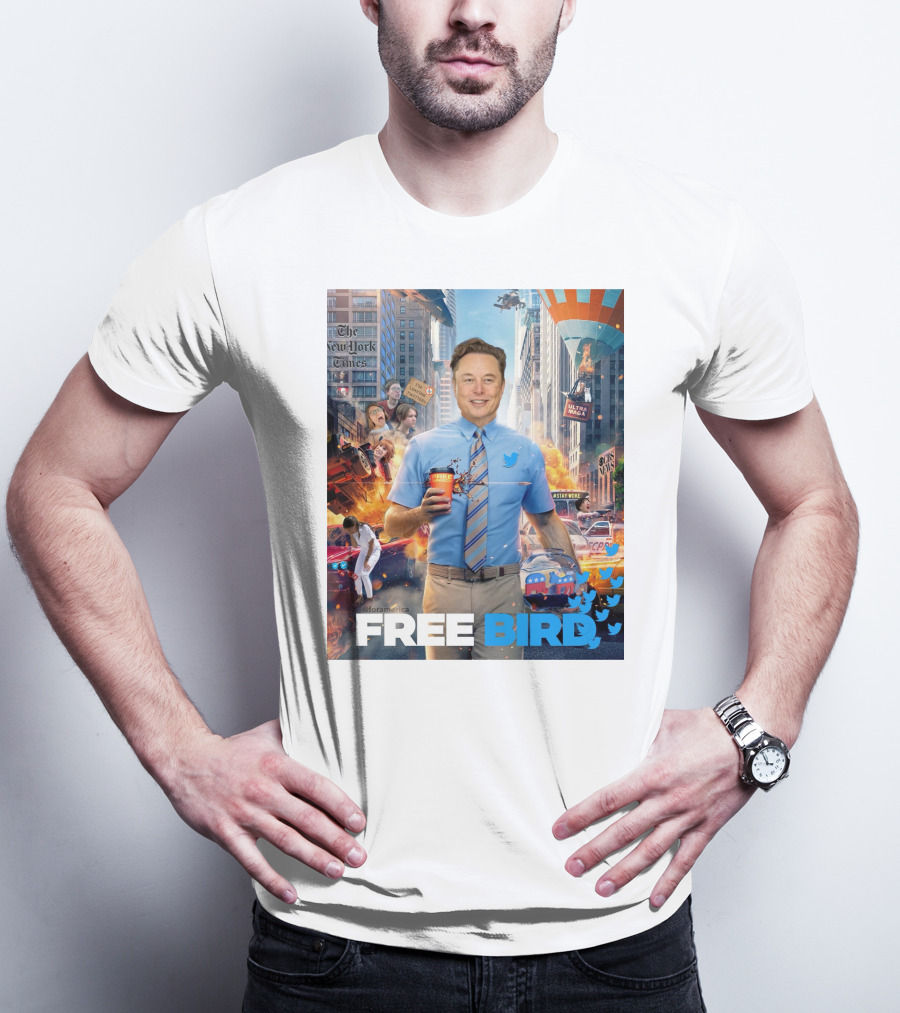 Elon Musk Free Bird I'm Leaving Twitter Chaos Explosion Cityscape Car Plane Twitter T-Shirt