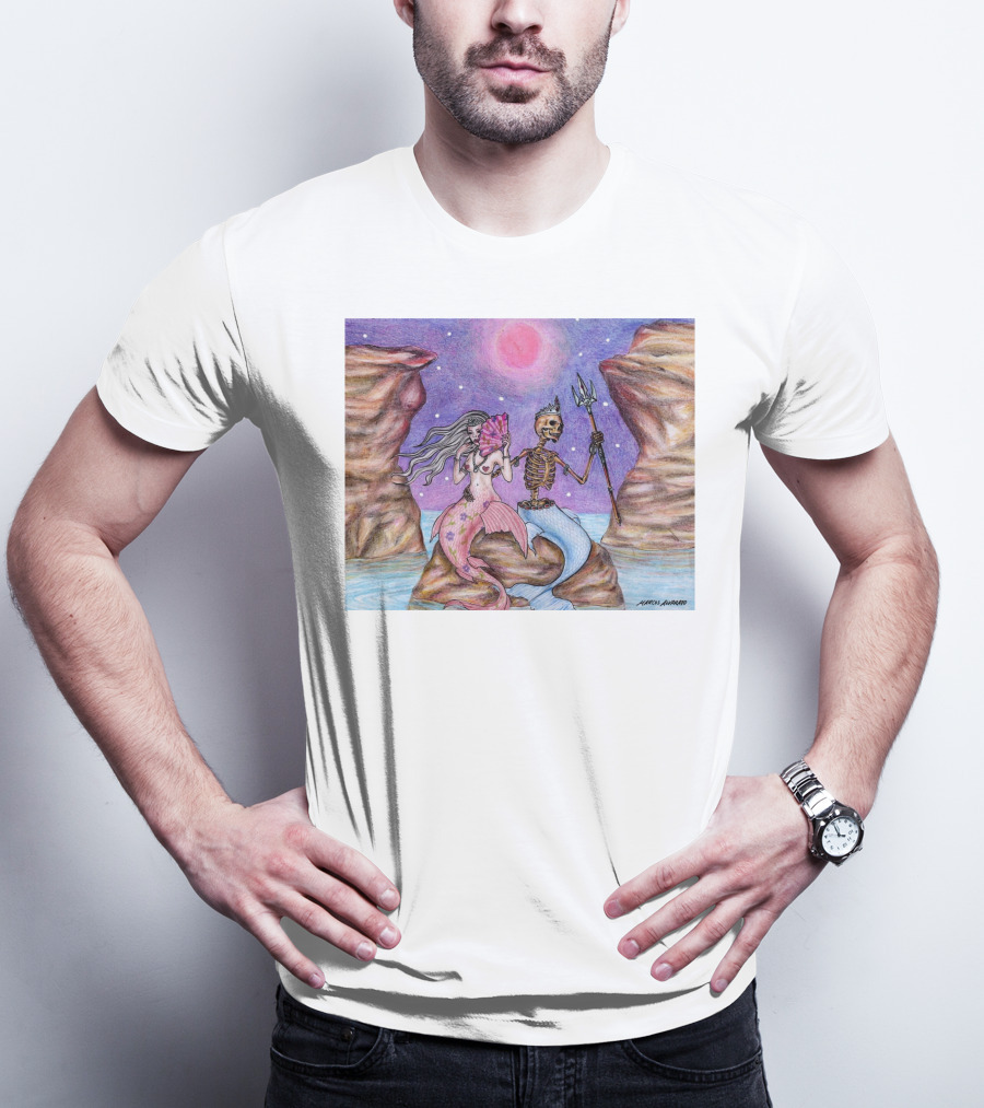 Marcos Alvarado Sea Of Love Mermaid And Skeleton Under Pink Moon T-Shirt