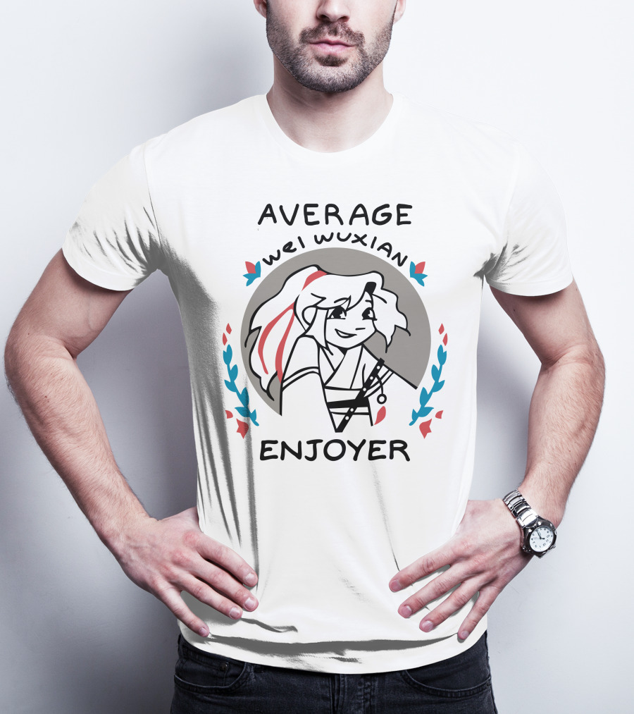 Average Wei Wuxian Enjoyer Emblem With Cartoon Character And Floral Accents T-Shirt